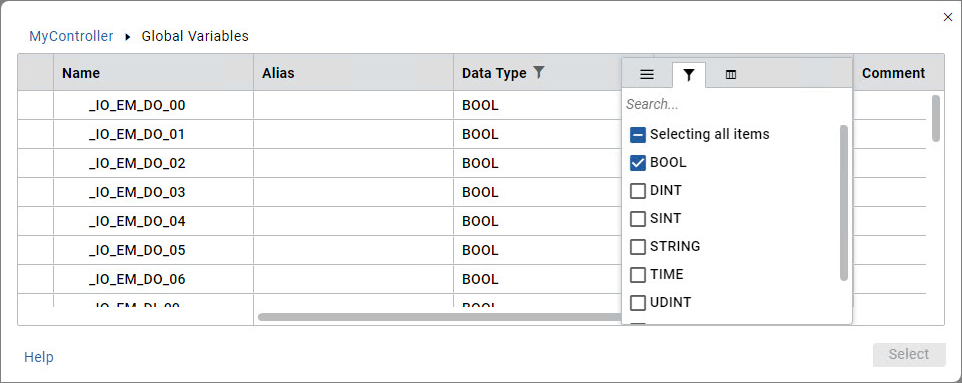 Filter variables in the variable selector