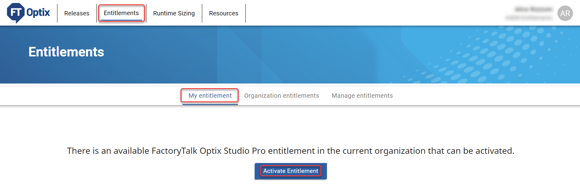 Activate a FactoryTalk Optix Studio Pro entitlement