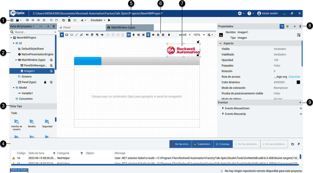 Interfaz de FactoryTalk Optix Studio