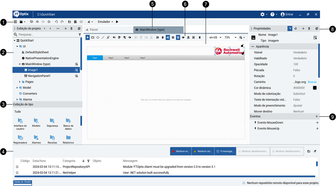 Interface do FactoryTalk Optix Studio